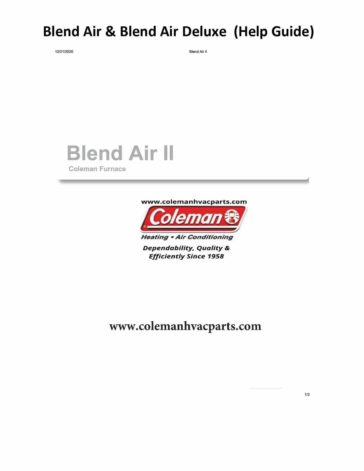 DGAA077BDTB Coleman Gas Furnace Parts – Tagged "Blend Air" – HVACpartstore